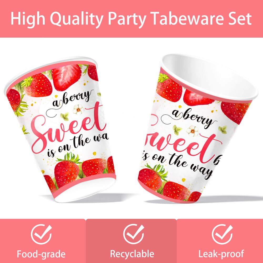 JVORFDG 169pcs Strawberry Baby Shower Deorations Berry Sweet Plates Napkins Cups Tablecloths A Berry Sweet Baby is On The Way Paper Tableware Set Strawberry Party Supplies Serves 24 Guests