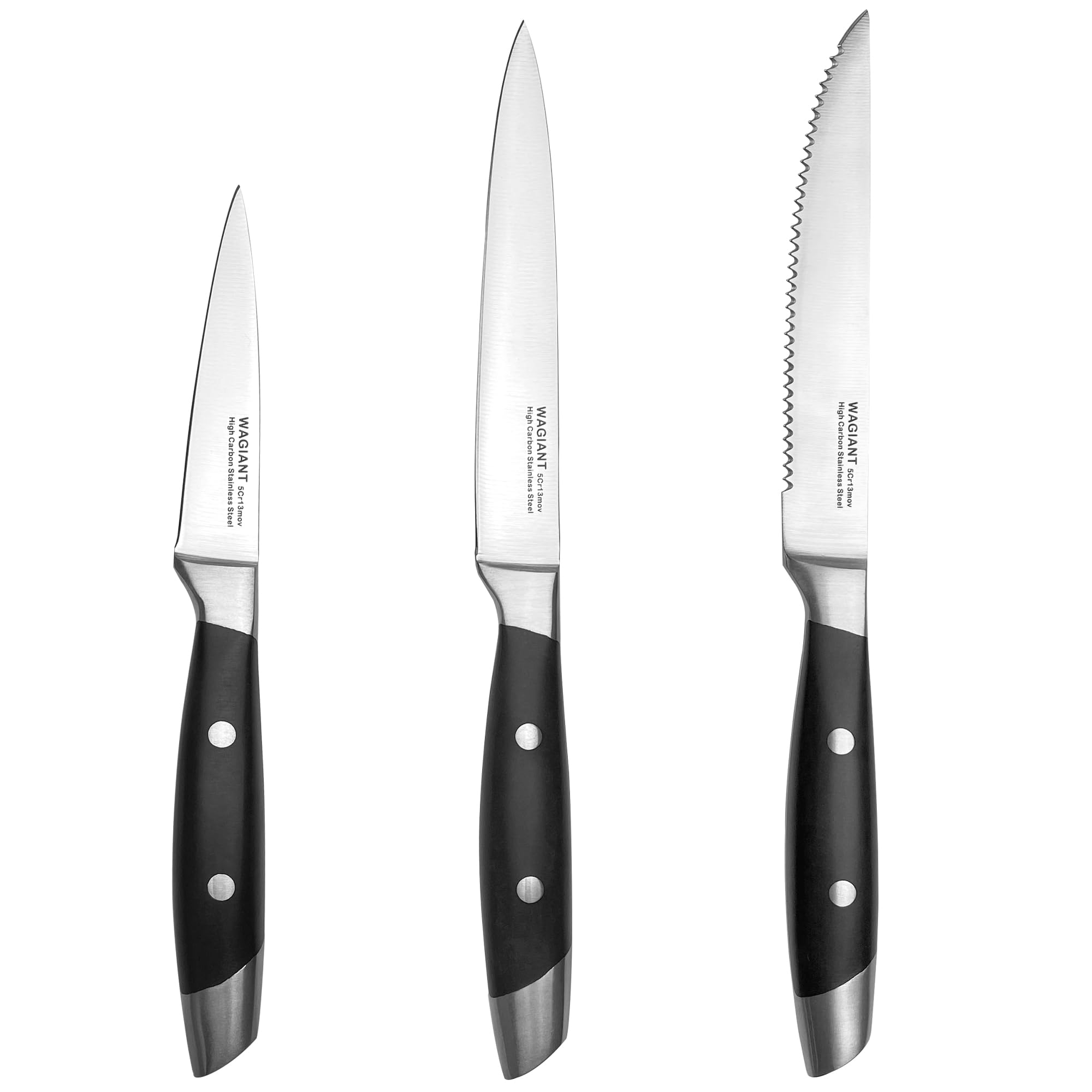 WAGIANT 3-Piece Kitchen Knife Set,Fruit Knife Set,Precision Forged High-Carbon Stainless Steel,Steak Knife, Fruit Knife,Pairing knife, Black Ergonomic Handle, 3.5" & 5" Straight & Serrated Edge