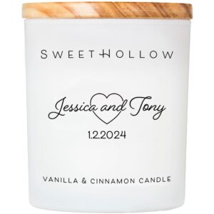 sweethollow personalized candle for wedding, engagement, or anniversary w/couple's name and optional date, bride and groom custom gift, vanilla & cinnamon scent, large