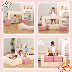 LOAOL Kids Couch Toddler Couch, Modular Kids Play Couch with Recliner, Imaginative Foam Couch Play Set for Creative Boys & Girls, Kids Couch Sofa Indoor, Kids Room Playroom Furniture, Beige & Pink