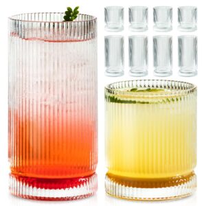 kemorela drinking glasses set of 8, ribbed glassware, vintage fluted glassware, 4 pcs ribbed glasses 16oz highballs and 4 pcs 13oz whiskey glasses, great for cocktail, beverages