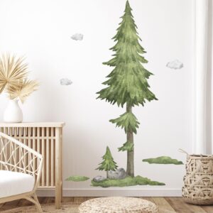 eutecado tree wall decal large pine tree wall sticker for bedroom living room, watercolor pine tree peel and stick wall art mural woodland clouds wall decor for tv sofa background nursery