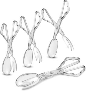 pack of 4 11-inch clear plastic scissor salad tongs - premium, heavy-duty, reusable serving utensils for catering, cooking, buffets, party supplies, and weddings, dishwasher safe