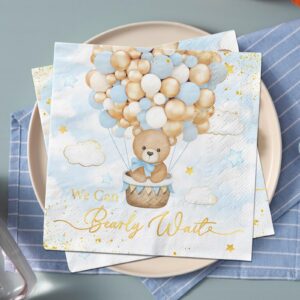 We Can Bearly Wait Baby Shower Napkins, 40Pcs Blue Bear Baby Shower Decorations Napkins, Teddy Bear Favors Napkins Cocktail Dessert Paper Napkin for Kids Gender Reveal Party Supplies