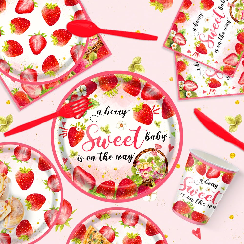 JVORFDG 169pcs Strawberry Baby Shower Deorations Berry Sweet Plates Napkins Cups Tablecloths A Berry Sweet Baby is On The Way Paper Tableware Set Strawberry Party Supplies Serves 24 Guests