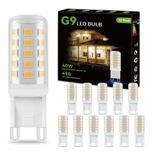 dalattin g9 led bulb 12 pack 4w equivalent 40 watt,3000k soft warm white,replacement t4 g9 halogen bulbs,450lm, non-dimmable, energy saving lights for chandelier type g9 t4 bi-pin base