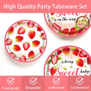 JVORFDG 169pcs Strawberry Baby Shower Deorations Berry Sweet Plates Napkins Cups Tablecloths A Berry Sweet Baby is On The Way Paper Tableware Set Strawberry Party Supplies Serves 24 Guests