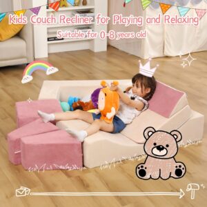 LOAOL Kids Couch Toddler Couch, Modular Kids Play Couch with Recliner, Imaginative Foam Couch Play Set for Creative Boys & Girls, Kids Couch Sofa Indoor, Kids Room Playroom Furniture, Beige & Pink