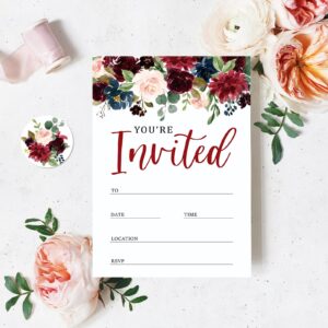 Whaline 25 Sets Flower Invitations with Envelopes Stickers Watercolor Floral Leaves Invitation Cards Blank Invites for Wedding Bridal Baby Shower Birthday Dinner Party, 5 x 7 Inch