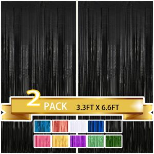 2 pack black metallic tinsel foil fringe curtains party photo backdrop party streamers for birthday,graduation,new year eve decorations wedding decor