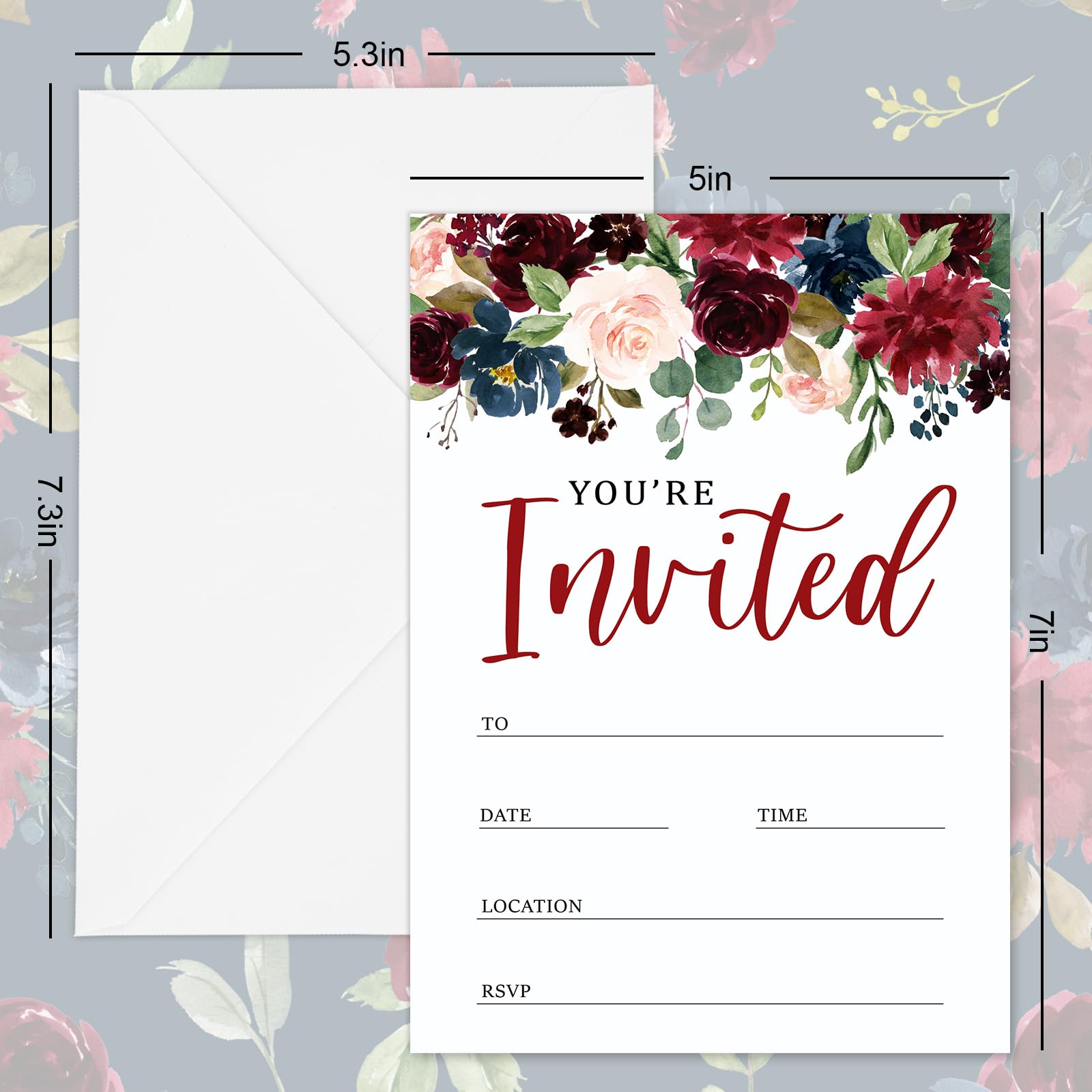 Whaline 25 Sets Flower Invitations with Envelopes Stickers Watercolor Floral Leaves Invitation Cards Blank Invites for Wedding Bridal Baby Shower Birthday Dinner Party, 5 x 7 Inch