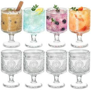 set of 8 romantic vintage goblet glassware, charming embossed floral cocktail glasses set, mixed drink glasses, for bars, restaurants, party, and elegant dinners, 8 oz wine glasses