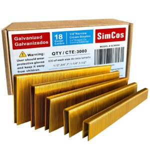 simcos 18 gauge 1/4" narrow crown staples (1-1/2",1-1/4" 1", 3/4", 1/2"), galvanized assorted sizes for 18 ga pneumatic or electric stapler or staple gun,project pack (assembly 3000)