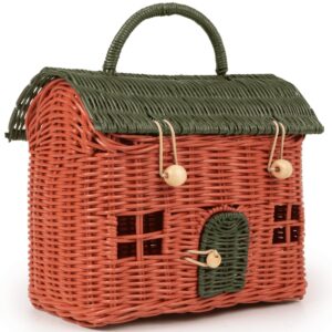 kolwoven rattan house storage basket with lid - mouse in a box house- small doll house- decorative hand woven shelf organizer cute handmade handcrafted gift decoration artwork wicker (moss green)