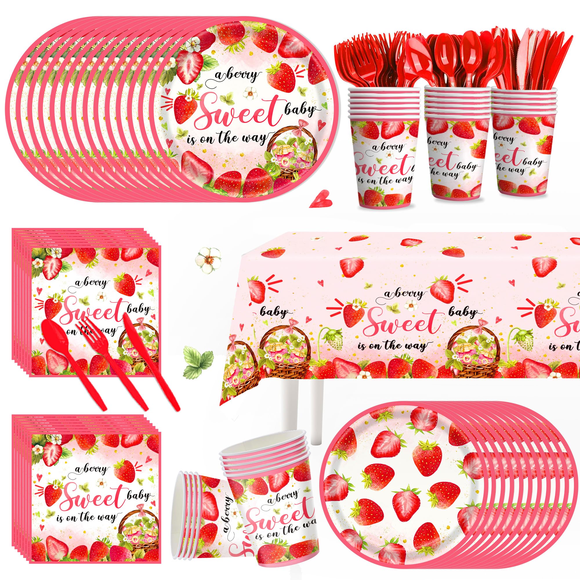 JVORFDG 169pcs Strawberry Baby Shower Deorations Berry Sweet Plates Napkins Cups Tablecloths A Berry Sweet Baby is On The Way Paper Tableware Set Strawberry Party Supplies Serves 24 Guests