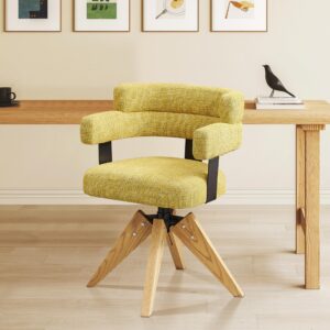 art leon mid century modern chair - home office desk chair no wheels, swivel accent chair with oak wood legs, ote fabric upholstered side arm chair for living room bedroom, yellow