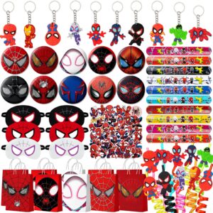 tltsdwq spidey and his amazing friends birthday decorations,110pcs party favors,include 10 circles,10 pattern decorations,10 key chains,10 masks,10 gift bags,10 straws and 50 stickers