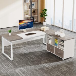 tribesigns l-shaped executive desk with reversible file cabinet, 63" office desk with storage drawers, l-shaped computer desk with drawer cabinet for hanging letter size files,gray & white