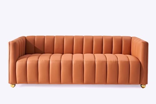 Container Furniture Glam Fabric Upholstered Solid Wood Frame 82.7" Art Deco Sofa for Living Room, Office, Sophisticated 3 Seater Couch, Orange