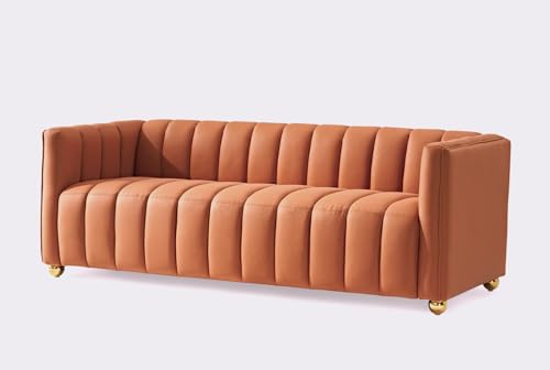 Container Furniture Glam Fabric Upholstered Solid Wood Frame 82.7" Art Deco Sofa for Living Room, Office, Sophisticated 3 Seater Couch, Orange