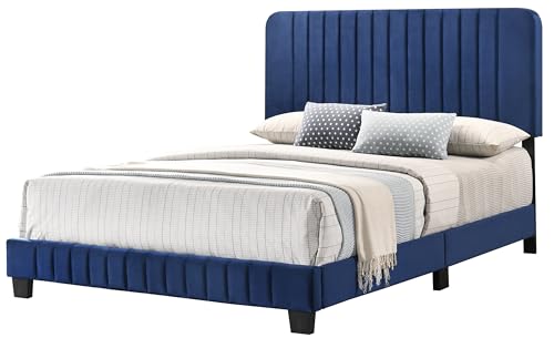 Indulge in Opulence with King Bed in Navy Blue Velvet - Channel Tufted Elegance, Customizable Mattress Support, Effortless Assembly, Versatile Sizing, and Diverse Color Selection!