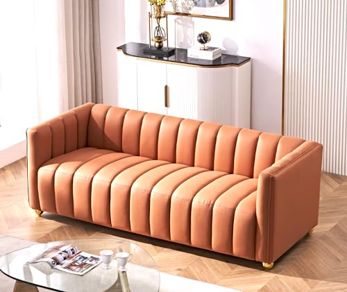 Container Furniture Glam Fabric Upholstered Solid Wood Frame 82.7" Art Deco Sofa for Living Room, Office, Sophisticated 3 Seater Couch, Orange