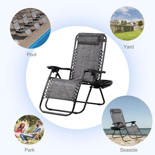 Nazhura Set of 2 Relaxing Recliners Patio Chairs Adjustable Steel Mesh Zero Gravity Lounge Chair Beach Chairs with Pillow and Cup Holder(Grey)