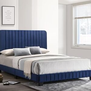 Indulge in Opulence with King Bed in Navy Blue Velvet - Channel Tufted Elegance, Customizable Mattress Support, Effortless Assembly, Versatile Sizing, and Diverse Color Selection!