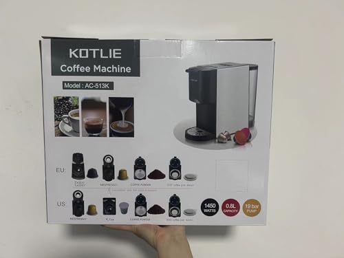 KOTLIE 4in1 Espresso Machine,Customize Volume Settings,Single Serve Coffee Maker for Nespresso original/K cups/L'OR/Ground Coffee/illy Coffee ESE,19Bar Espresso Maker,1450W Coffee Machine