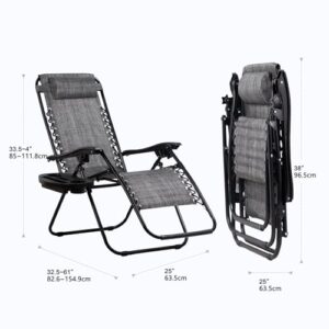 Nazhura Set of 2 Relaxing Recliners Patio Chairs Adjustable Steel Mesh Zero Gravity Lounge Chair Beach Chairs with Pillow and Cup Holder(Grey)