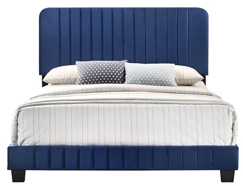 Indulge in Opulence with King Bed in Navy Blue Velvet - Channel Tufted Elegance, Customizable Mattress Support, Effortless Assembly, Versatile Sizing, and Diverse Color Selection!