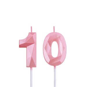 2 inch pink 10 birthday candles, 3d diamond number 10 cake topper for boys girls birthday party decorations theme party