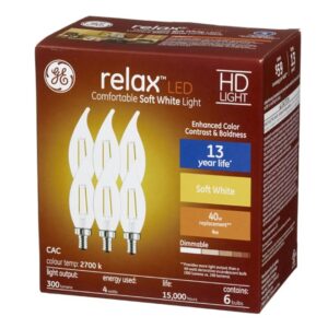 ge (6 bulbs) relax led hd decorative chandelier light bulb, clear, bent tip, 40 watt replacement, candelabra base, dimmable 4 watt, 300 lumen led light bulb