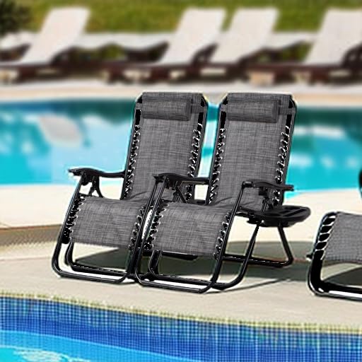 Nazhura Set of 2 Relaxing Recliners Patio Chairs Adjustable Steel Mesh Zero Gravity Lounge Chair Beach Chairs with Pillow and Cup Holder(Grey)