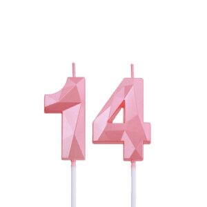 2 inch pink 14 & 41 birthday candles, 3d diamond number 14th & 41st cake topper for boys girls birthday party decorations theme party