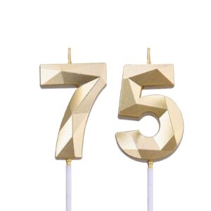 2 inch gold 75 & 57 birthday candles, 3d diamond number 75th & 57th cake topper for men women birthday party decorations theme party