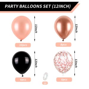 Rose Gold and Black Balloons Set, 12 inch Metallic Rose Gold Balloons Pearl Rose Gold Confetti Balloons Black Latex Balloons Party Balloons for Birthday Baby Shower Wedding Party Decorations