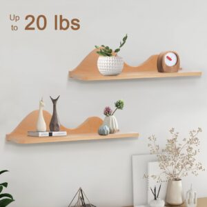 Wood Floating Shelves Wall Mounted Set of 2 for Wall Decor, Natural Wood Floating Shelves for Living Room/Bedroom/Kitchen Decor Storage (Natural)