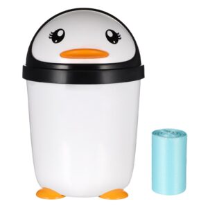 mini desktop trash can with lid, cute penguin countertop garbage bin, plastic tabletop wastebasket for office, home