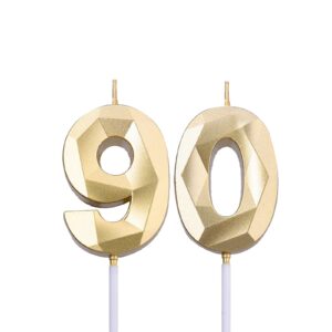 2 inch gold 90 birthday candles, 3d diamond number 90 cake topper for men women birthday party decorations theme party