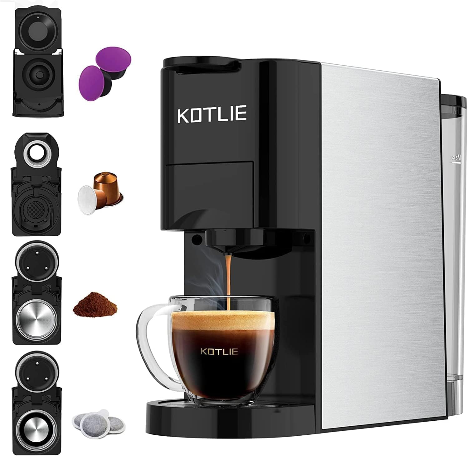 KOTLIE 4in1 Espresso Machine,Customize Volume Settings,Single Serve Coffee Maker for Nespresso original/K cups/L'OR/Ground Coffee/illy Coffee ESE,19Bar Espresso Maker,1450W Coffee Machine