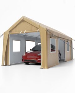 dexso carport 10'x20' heavy duty portable garage, 1.0 mm steel poles & 180 g pe waterproof canopy, with front & rear doors, 2 side doors, and 4 windows, for pickup truck, and boat, khaki