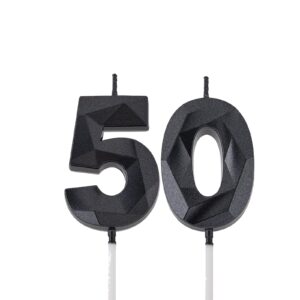 2 inch black 50 birthday candles, 3d diamond number 50 cake topper for men women birthday party decorations theme party