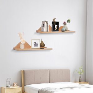 Wood Floating Shelves Wall Mounted Set of 2 for Wall Decor, Natural Wood Floating Shelves for Living Room/Bedroom/Kitchen Decor Storage (Natural)