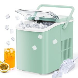 dumos countertop ice maker, portable ice machine self-cleaning, 9 cubes in 6 mins, 26.5lbs/24hrs, 2 sizes of bullet ice, with ice scoop, basket and handle, ice cube maker for home kitchen party,green