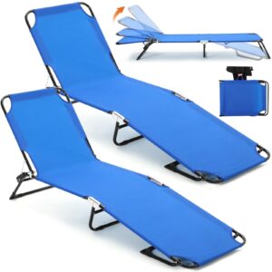 2 pack beach lounge chair for adults folding camping cot tanning chair outdoor 4 position adjustable reclining lounger portable chaise lounge chair for sunbathing patio beach lawn pool(royal blue)