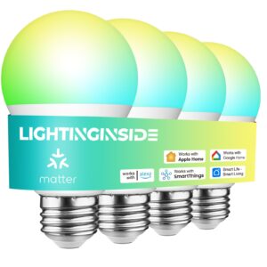 lightinginside matter smart light bulbs compatible with alexa/siri/apple home/google home/smartthings, a19 e26 wifi rgbcw color changing light bulb 60w equivalent 800lm 9w, 2.4g wifi, etl listed, 4pcs