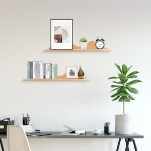 Wood Floating Shelves Wall Mounted Set of 2 for Wall Decor, Natural Wood Floating Shelves for Living Room/Bedroom/Kitchen Decor Storage (Natural)