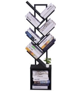 ysvco 7 tier tree bookshelf, tall narrow wood book shelf, freestanding bookcase with storage cabinet, floor standing display storage shelf for cd/book, living room, home office black bs36bs