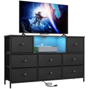 lyncohome black dresser with power outlets and led lights, 43" w dresser tv stand with 8 drawers, fabric chest of drawers for bedroom, living room, entryway